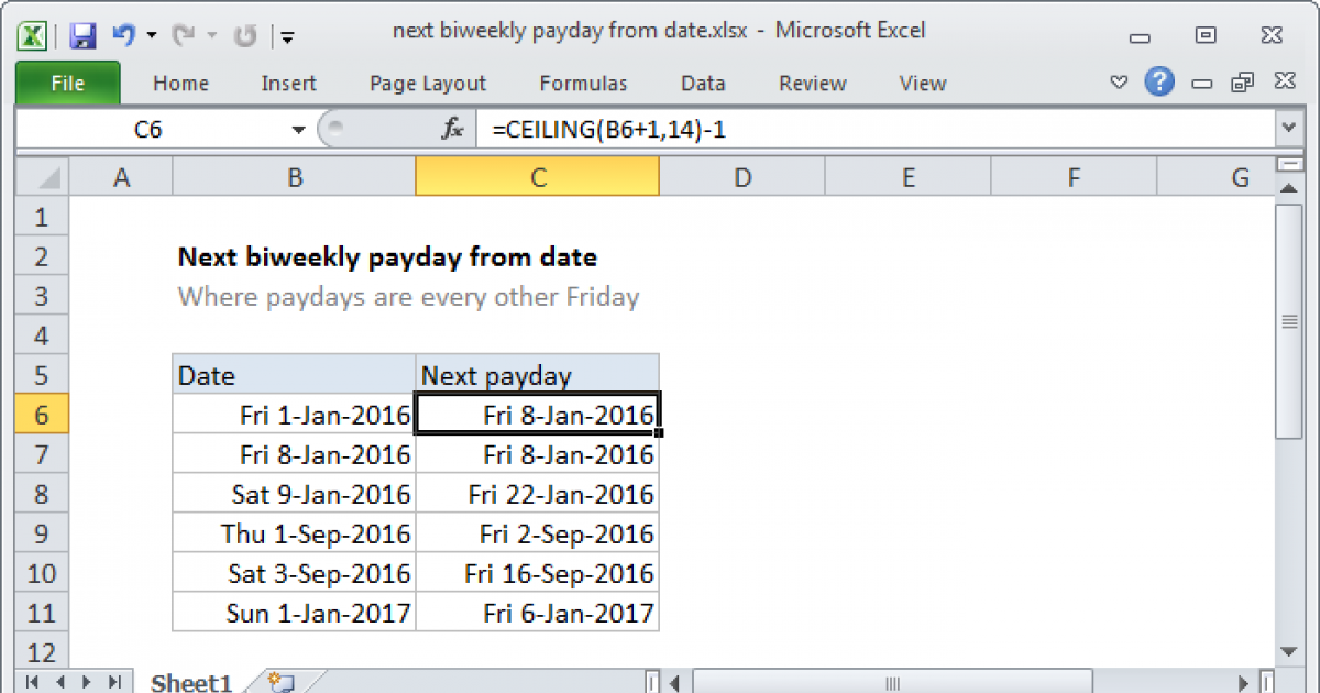 Next Biweekly Payday From Date Excel Formula Exceljet